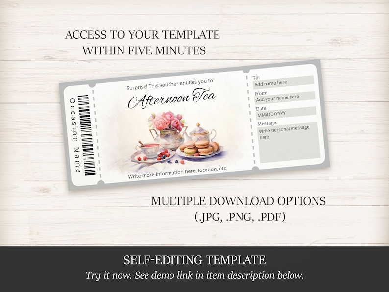 Editable Watercolor Afternoon Tea Voucher Template, Surprise Reveal ...