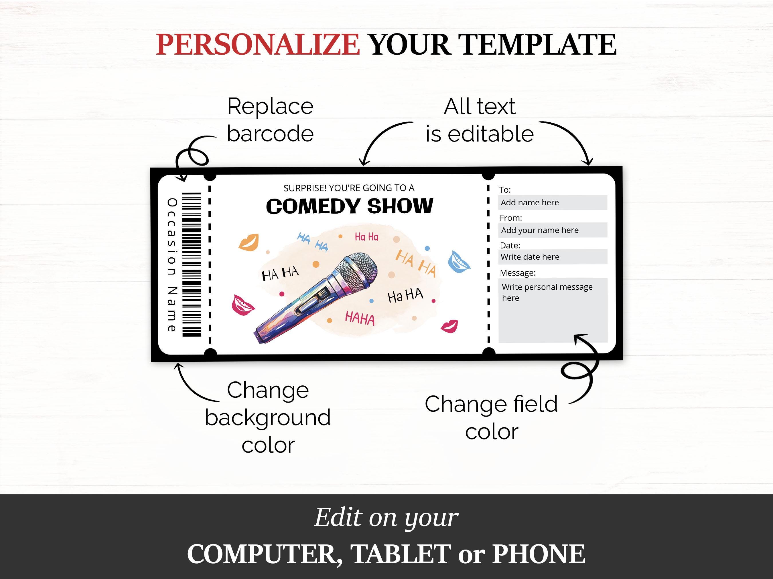 Funny Comedy Show Ticket Template for Comedy Lover, Editable Printable ...