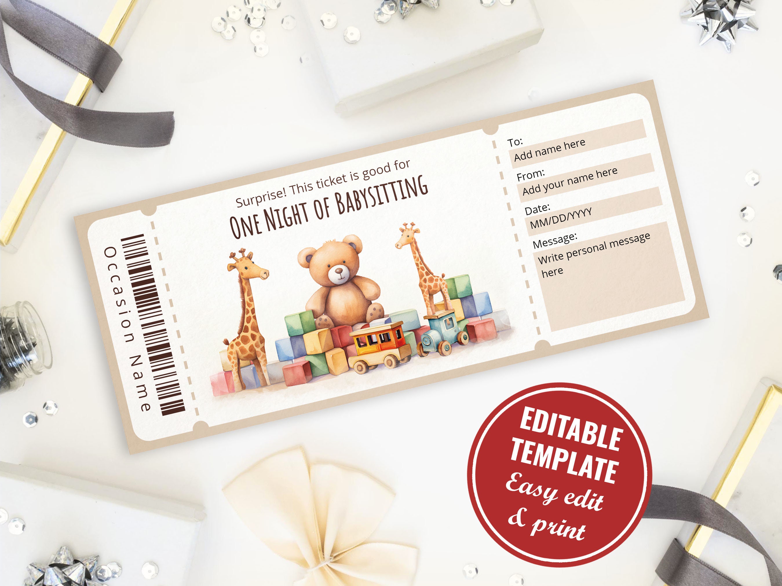 Editable Watercolor Babysitting Voucher Template, Surprise Babysitting ...