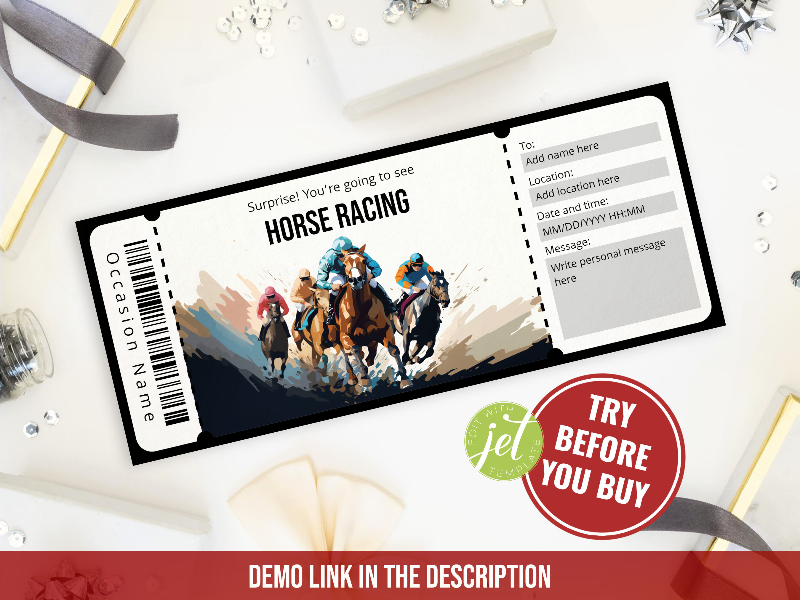 Surprise Horse Racing Ticket Template, Customizable and Printable Horse ...