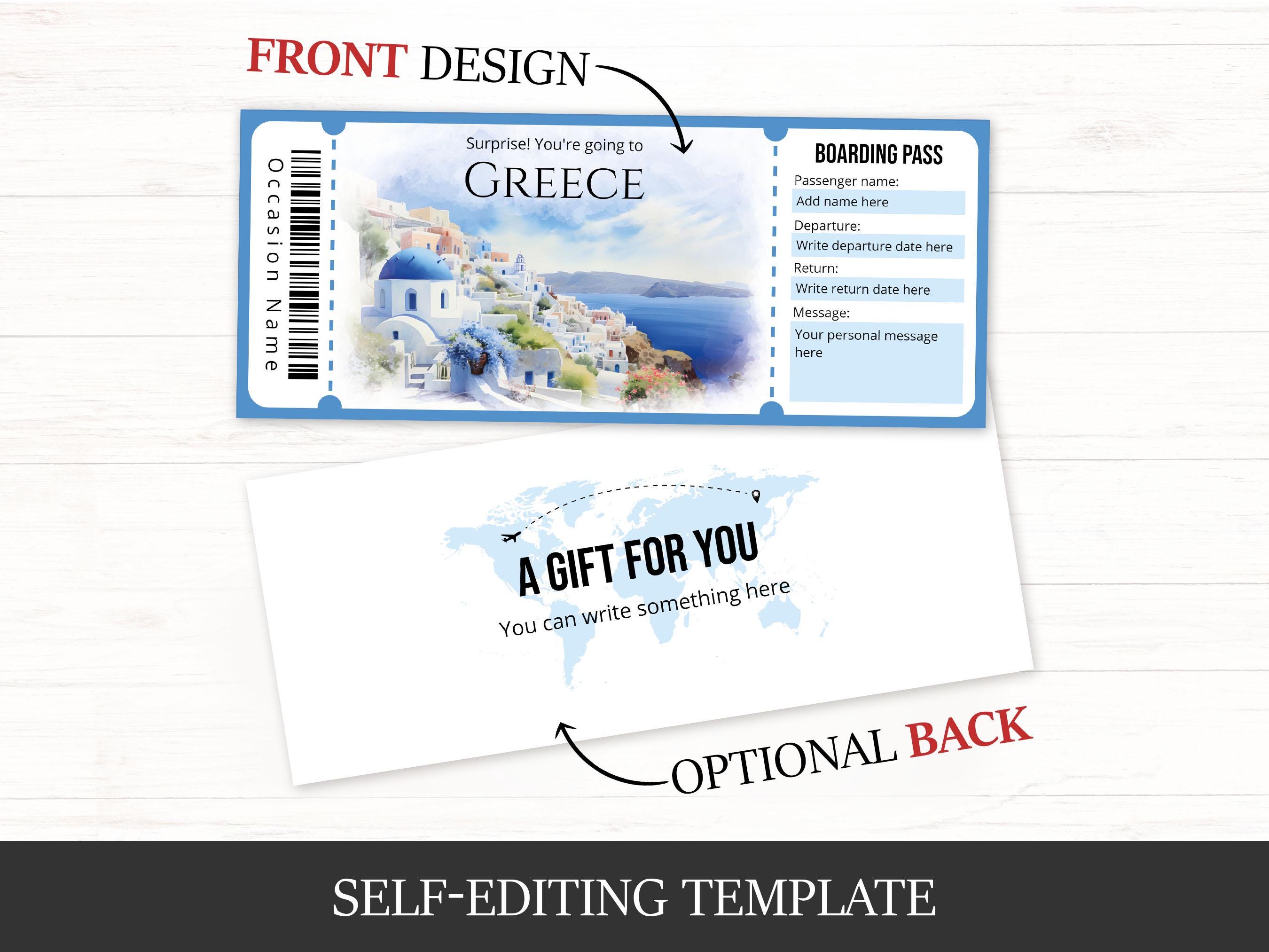 Editable Greece Boarding Pass Template, Watercolor Surprise Greece Trip ...