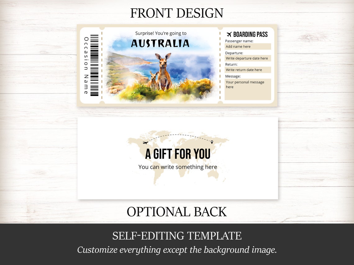 Editable Australia Boarding Pass Template, Personalized Gift Printable ...