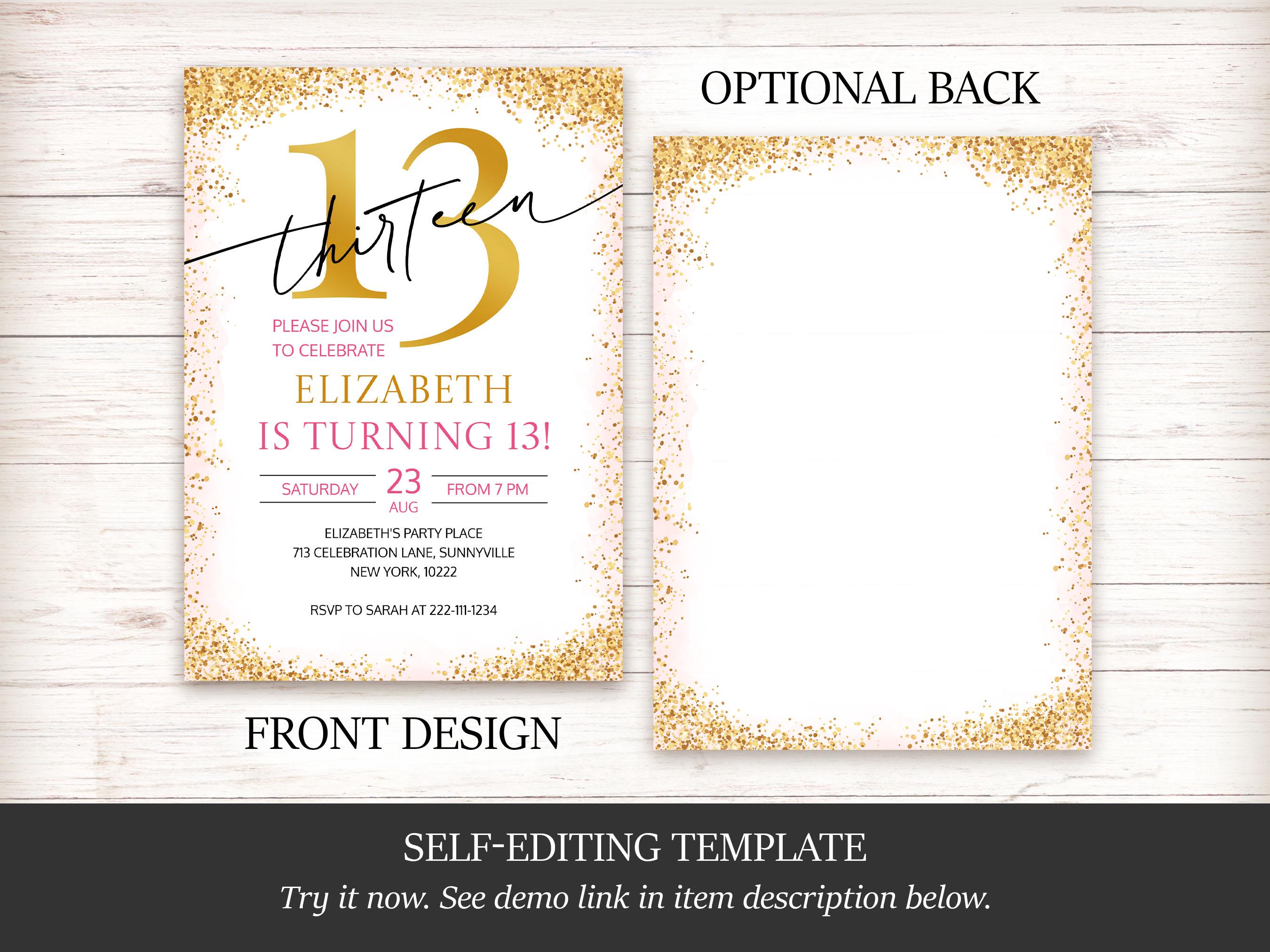 13th Birthday Invitation Template for Girl, Editable Pink 13th Birthday ...