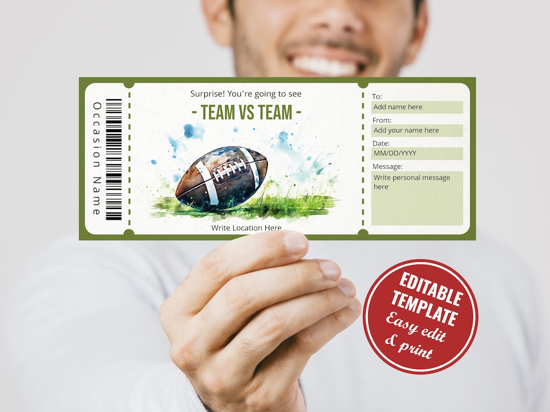 Surprise Football Game Ticket Template, Customizable and Printable ...
