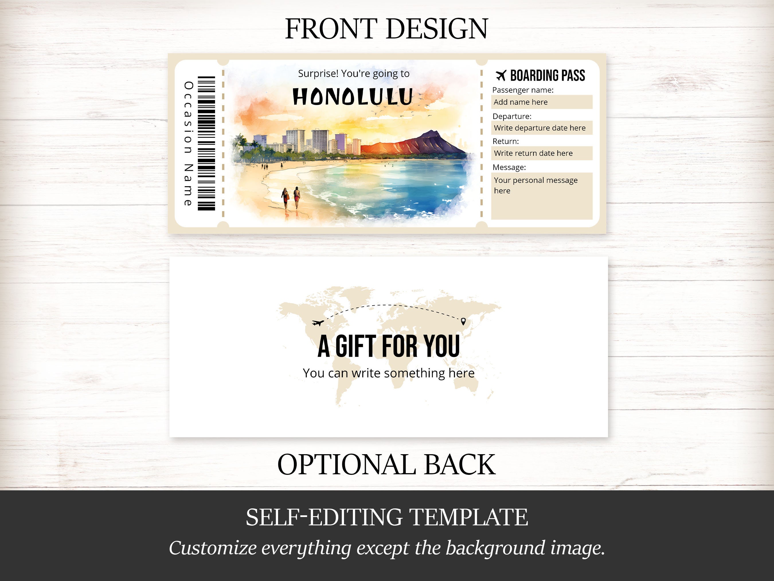 Editable Honolulu Boarding Pass Template, Printable Honolulu Hawaii ...