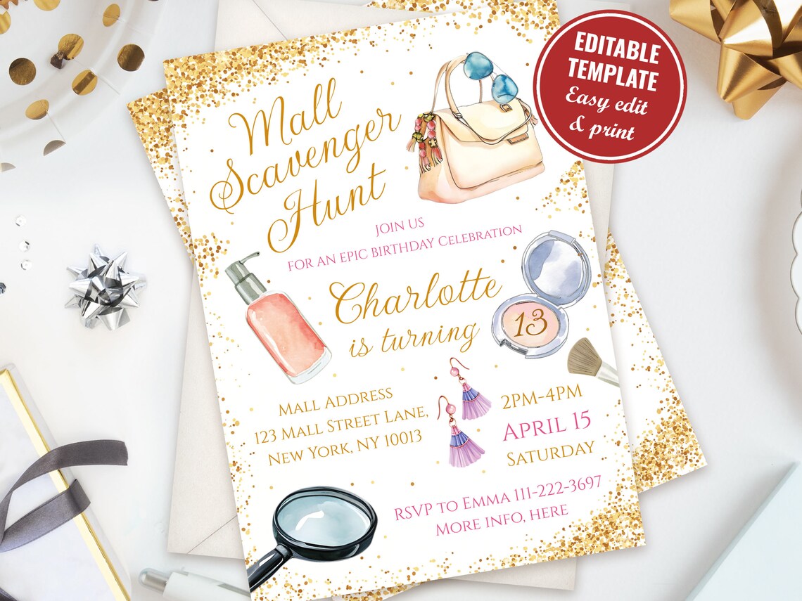 Editable Mall Scavenger Hunt Invitation Template for Girl, Mall Party ...