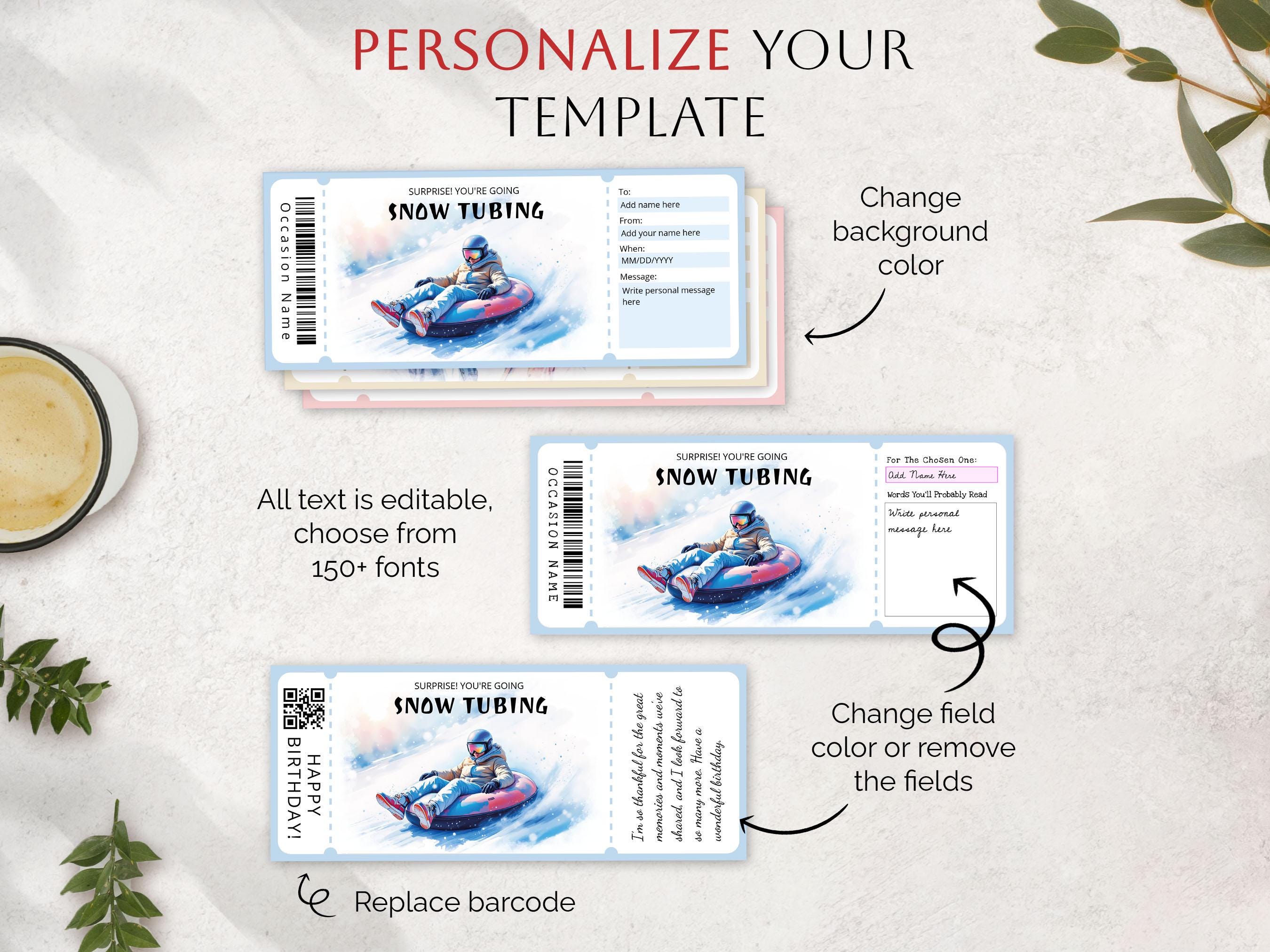 Editable Snow Tubing Gift Certificate Ticket Template Printable ...