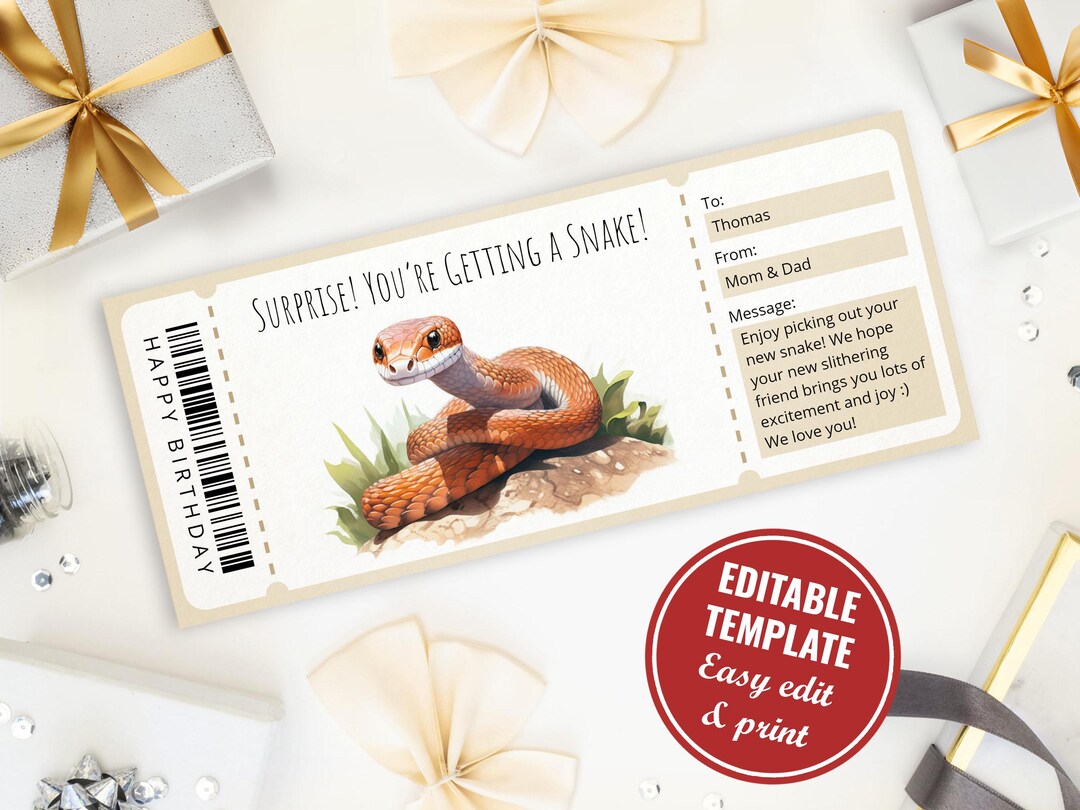 Editable Snake Gift Certificate Template for Snake Lover, Personalized ...