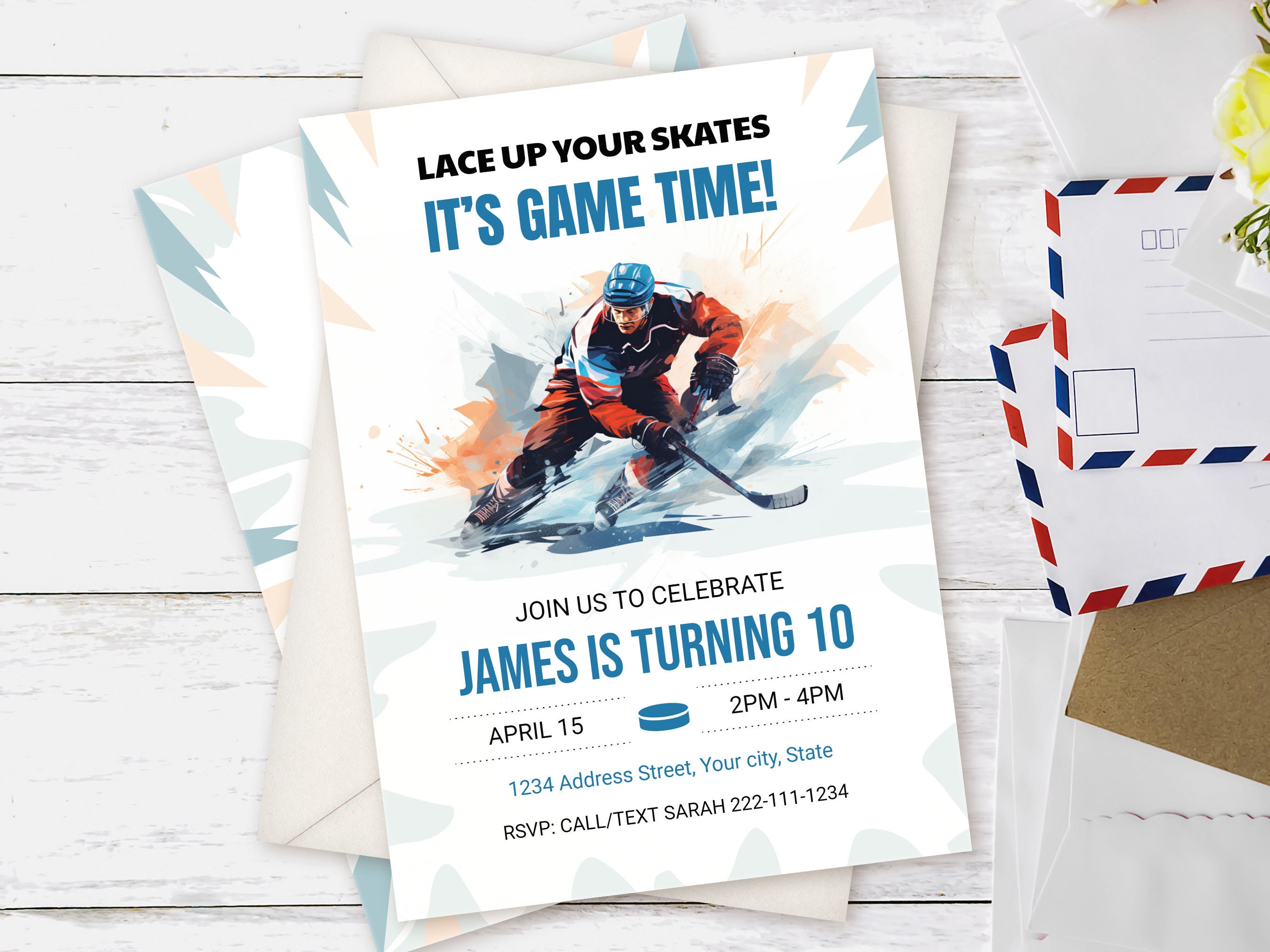 Editable Hockey Birthday Invitation Template, Watercolor Ice Hockey ...
