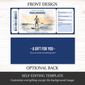 Paddleboarding Ticket Voucher Template for Him, Editable Watercolor ...