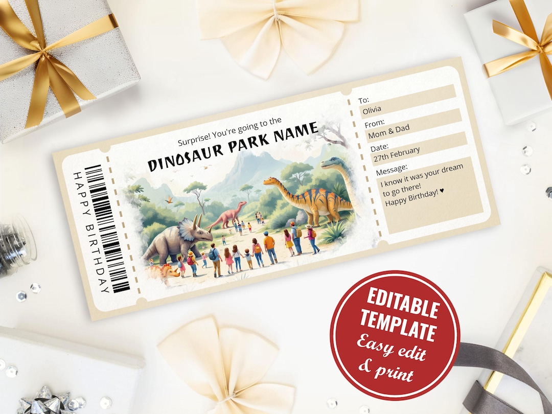 Editable Dinosaur Park Ticket Template, Printable Dino Park Experience ...