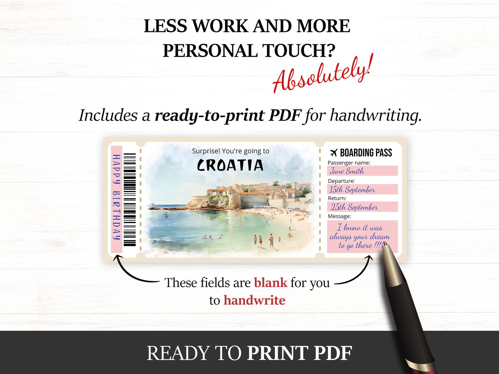 Surprise Croatia Trip Reveal Gift Ticket Template, Editable CROATIA ...