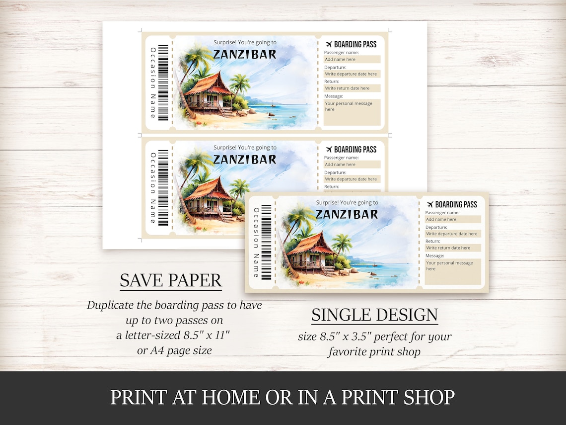 Editable Zanzibar Boarding Pass Template, Personalized Gift Printable ...