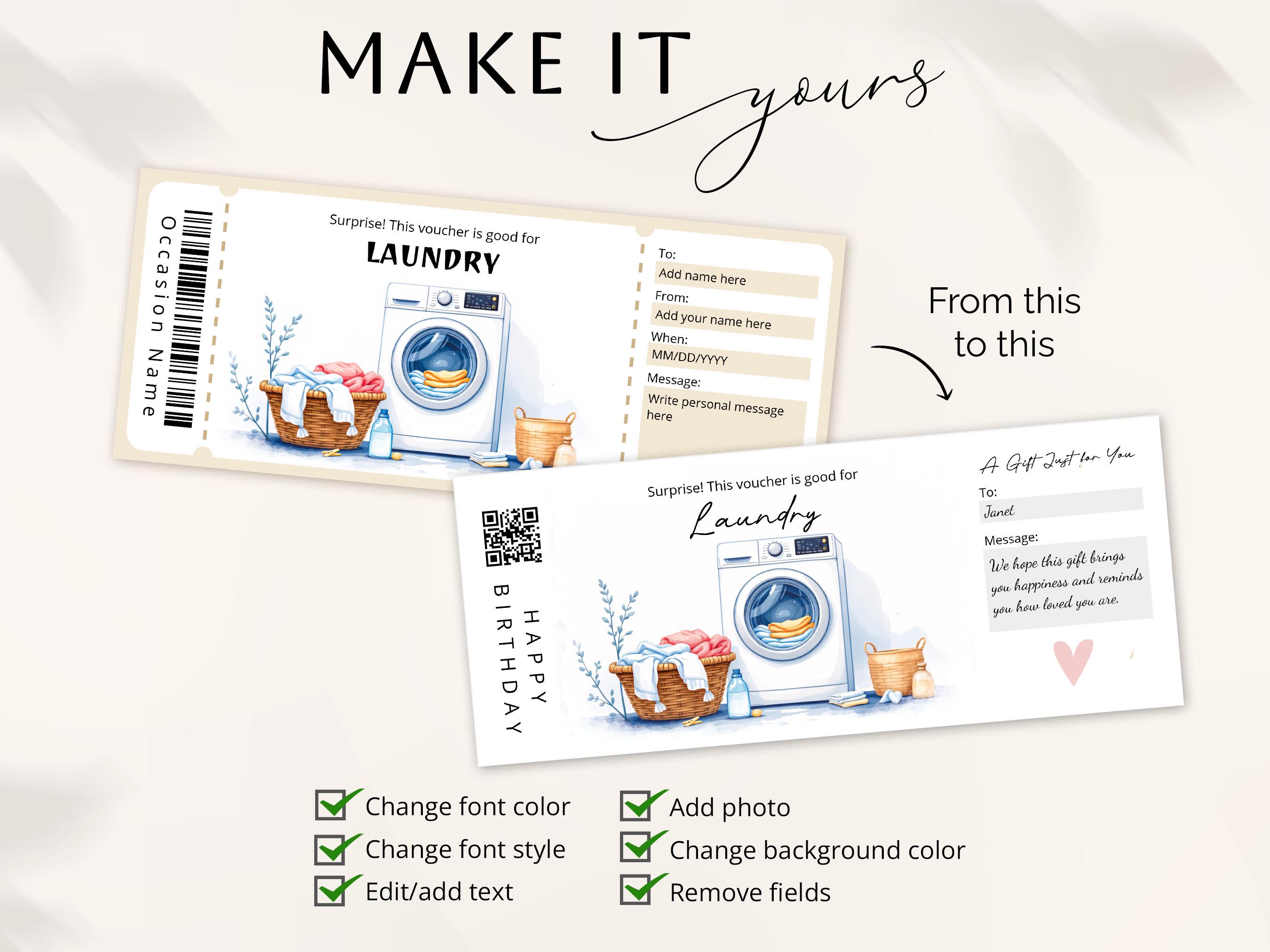 Editable Laundry Gift Certificate Template, Printable Surprise Reveal ...