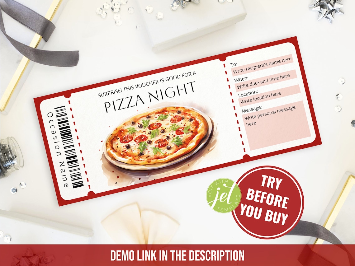 Editable Pizza Gift Certificate Template, Printable Pizza Night Gift ...