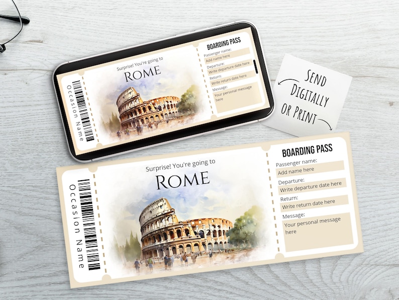 Editable Rome Boarding Pass Template, Surprise Rome Trip Reveal Ticket ...