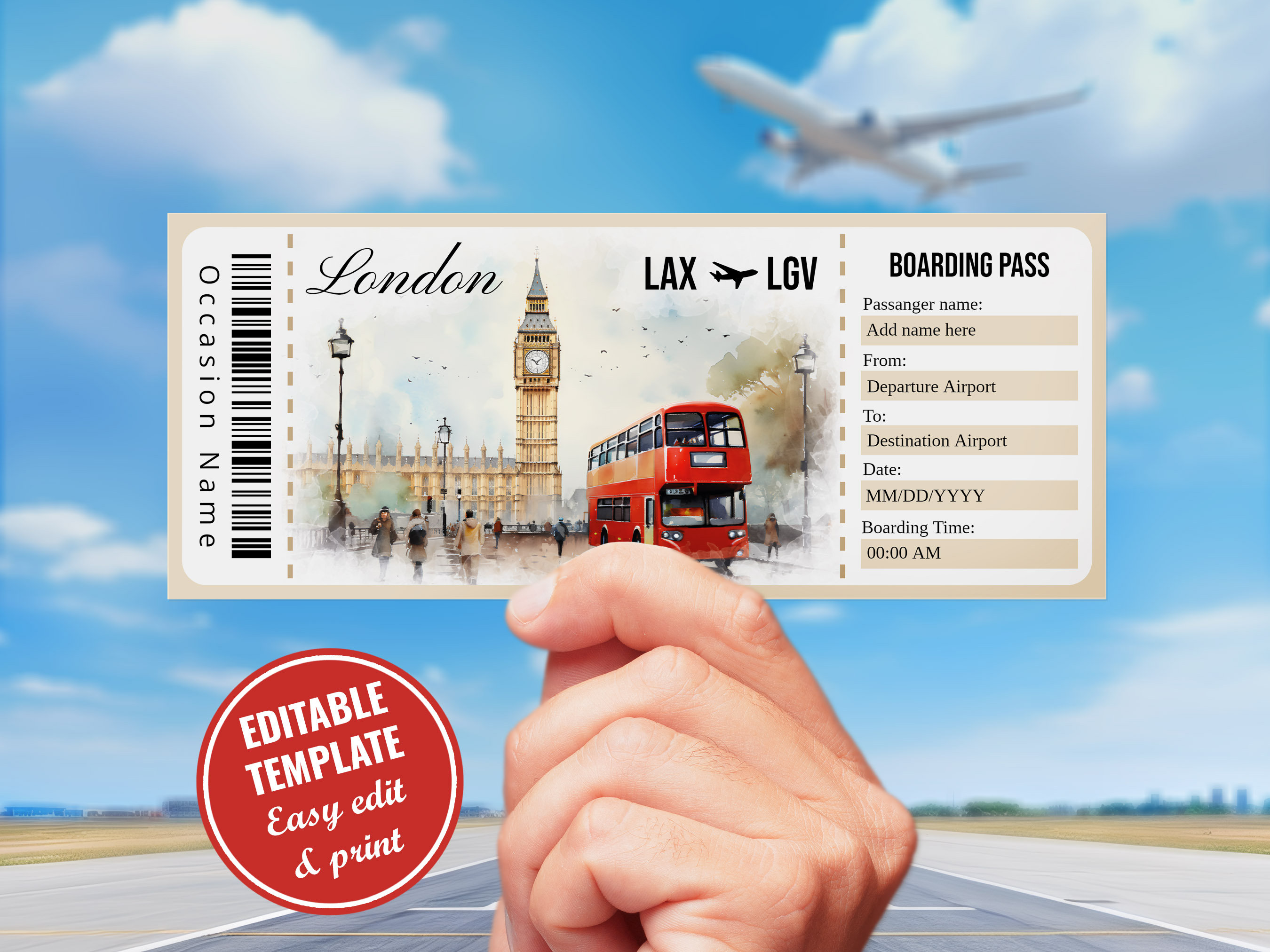London Trip Editable Watercolor Boarding Pass Template London - Etsy