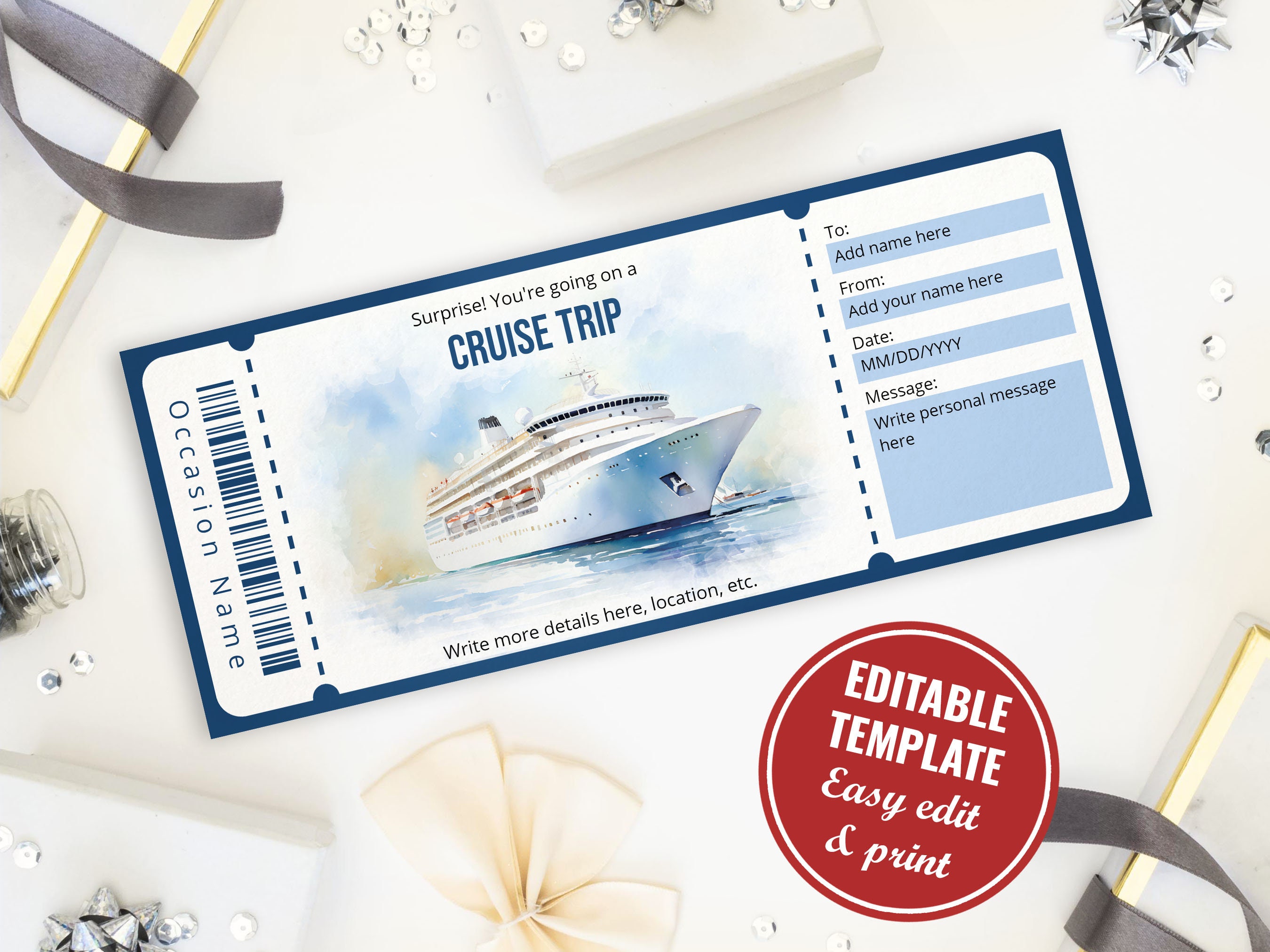 Editable Watercolor Cruise Boarding Pass Template, Surprise Cruise Trip ...