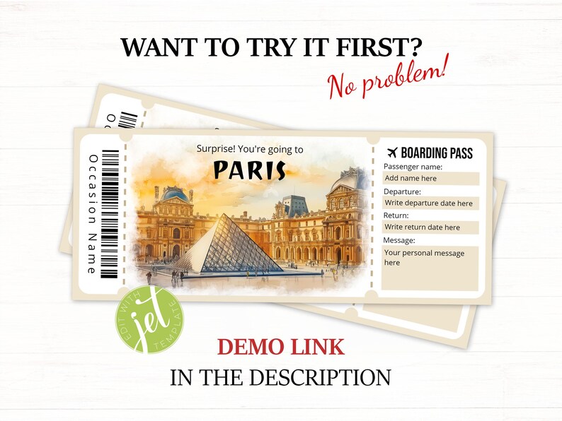 Surprise Paris France Trip Reveal Gift Ticket Template, Paris Boarding ...