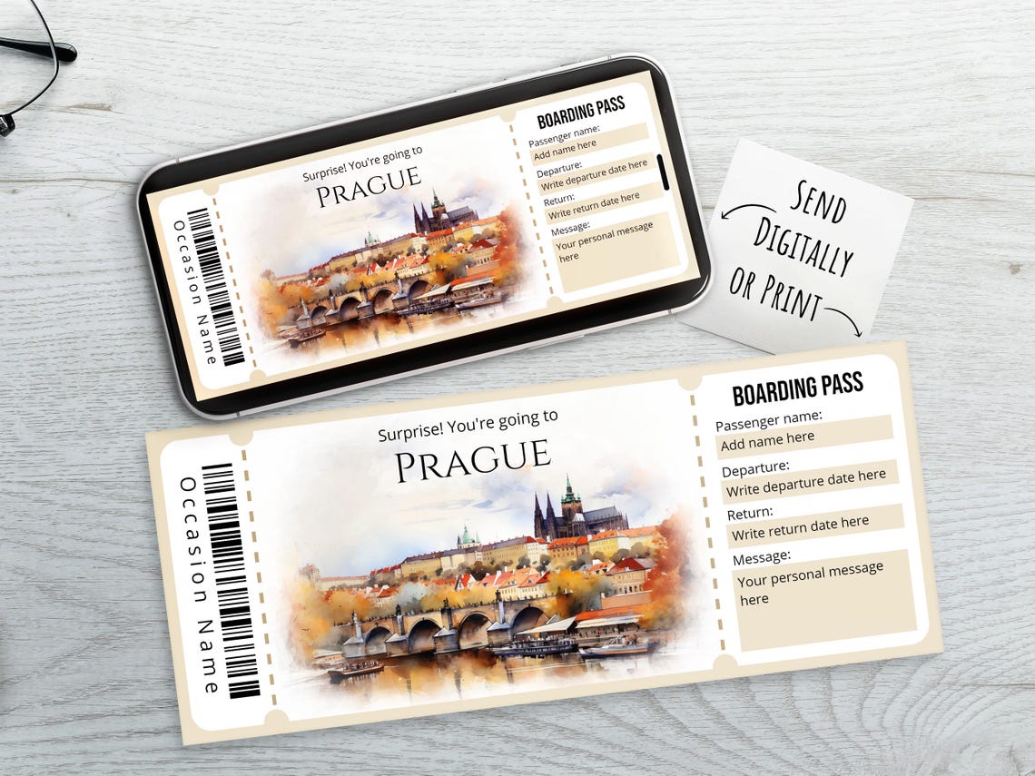 Editable Prague Boarding Pass Template, Watercolor Surprise Prague Trip ...