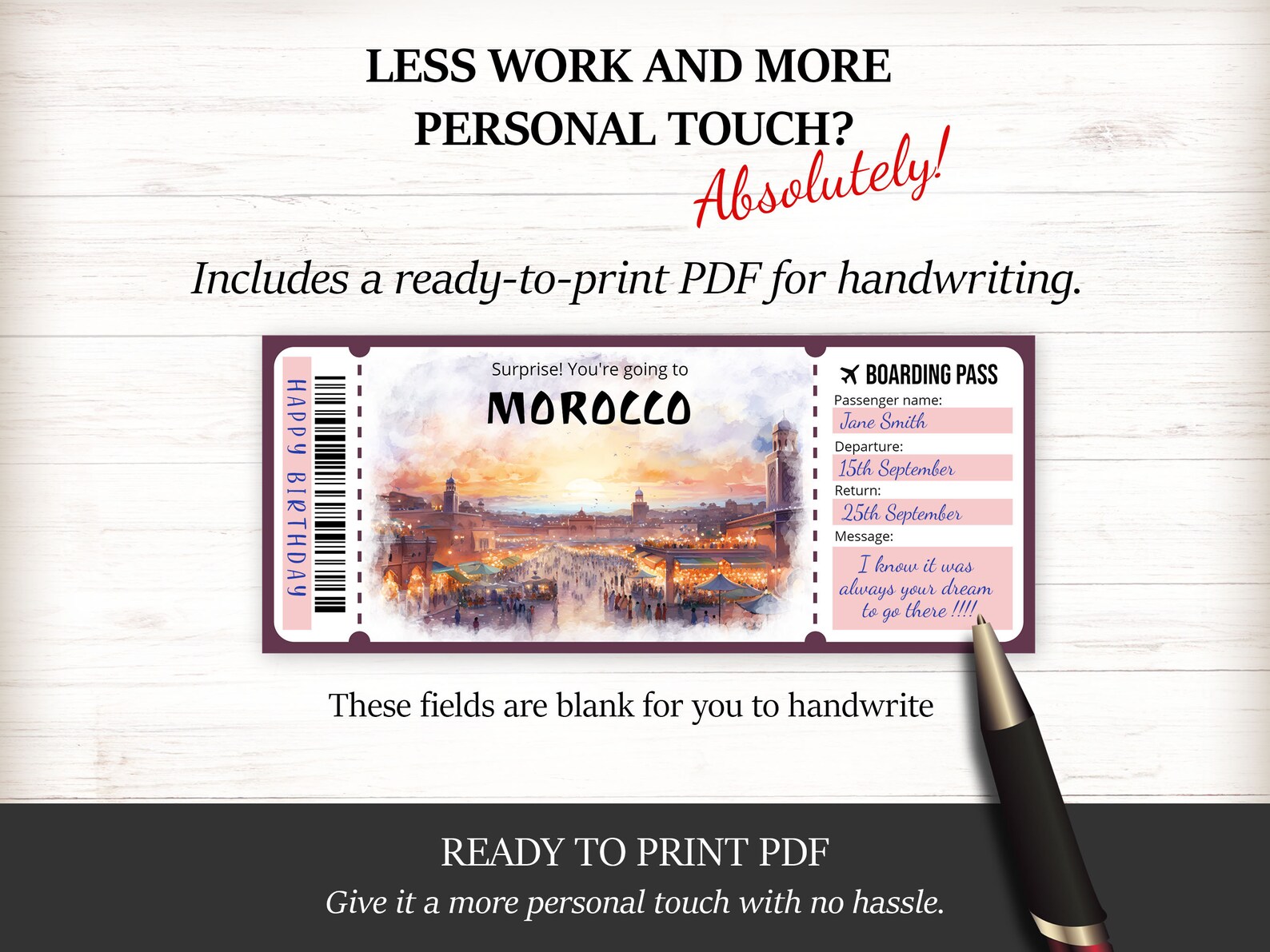 Editable Morocco Boarding Pass Template, Personalized Gift Printable ...