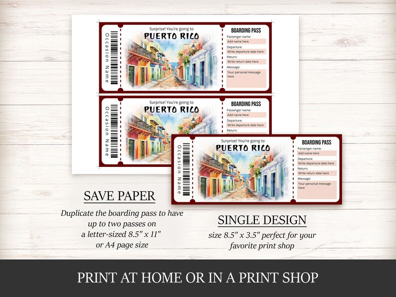 Printable Puerto Rico Boarding Pass Template, Personalized Editable ...