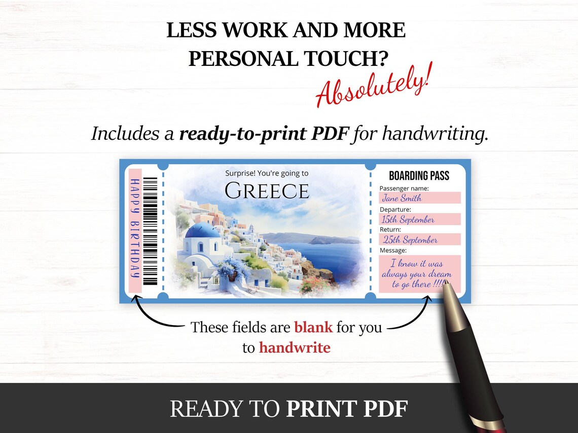 Editable Greece Boarding Pass Template, Watercolor Surprise Greece Trip ...