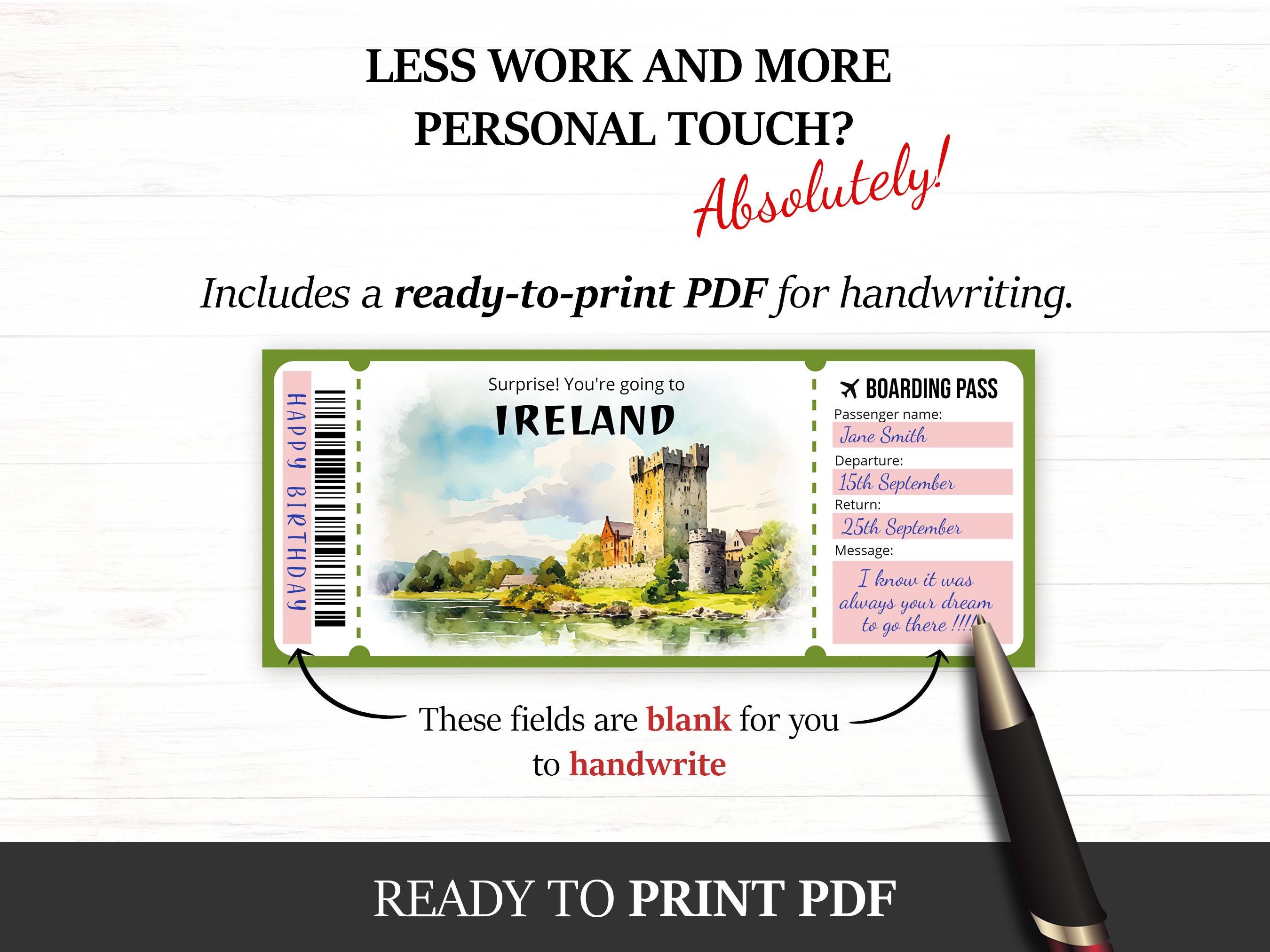 Surprise IRELAND Trip Reveal Gift Ticket Template - Custom Boarding ...
