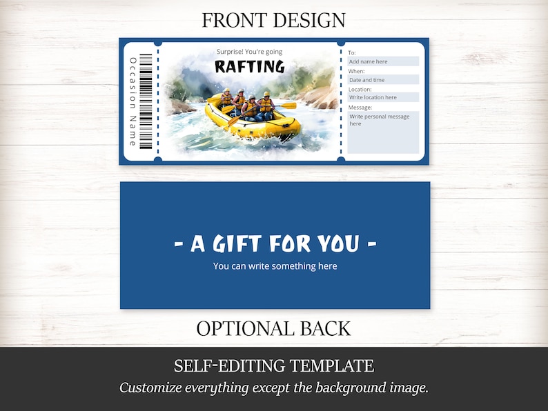 Editable Rafting Experience Ticket Gift Certificate Template, Printable ...