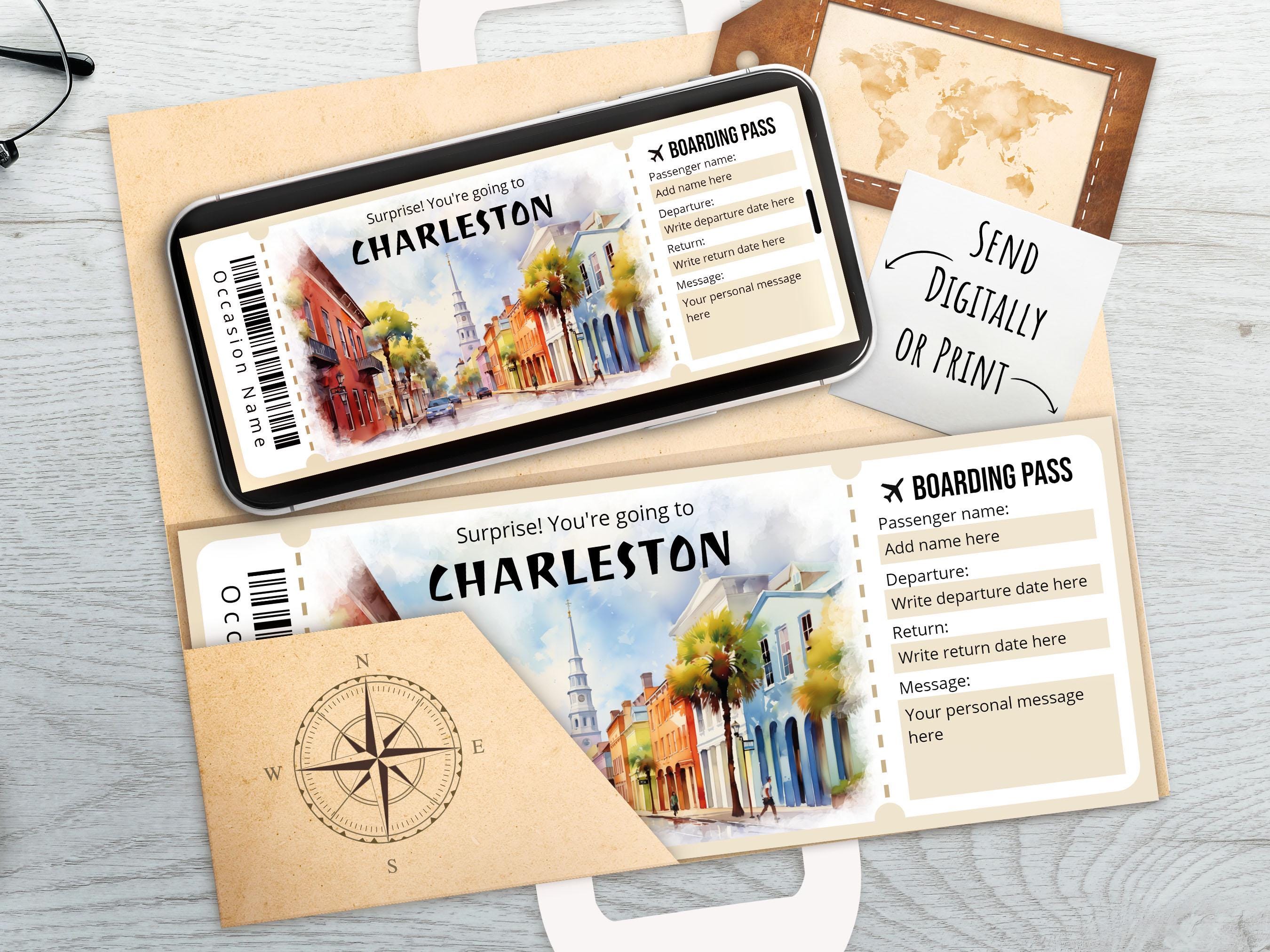Surprise Charleston SC USA Trip Reveal Gift Ticket Template, USA ...