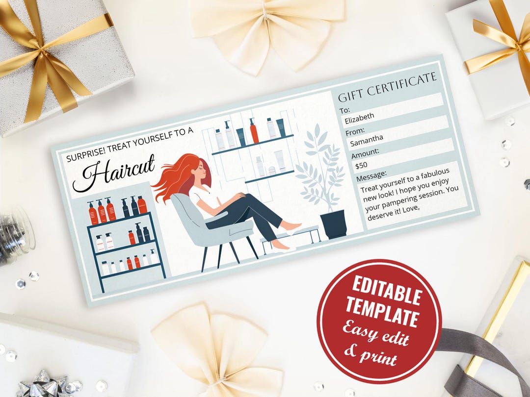 Printable Haircut Gift Voucher for Mom, Editable Hair Salon Gift ...