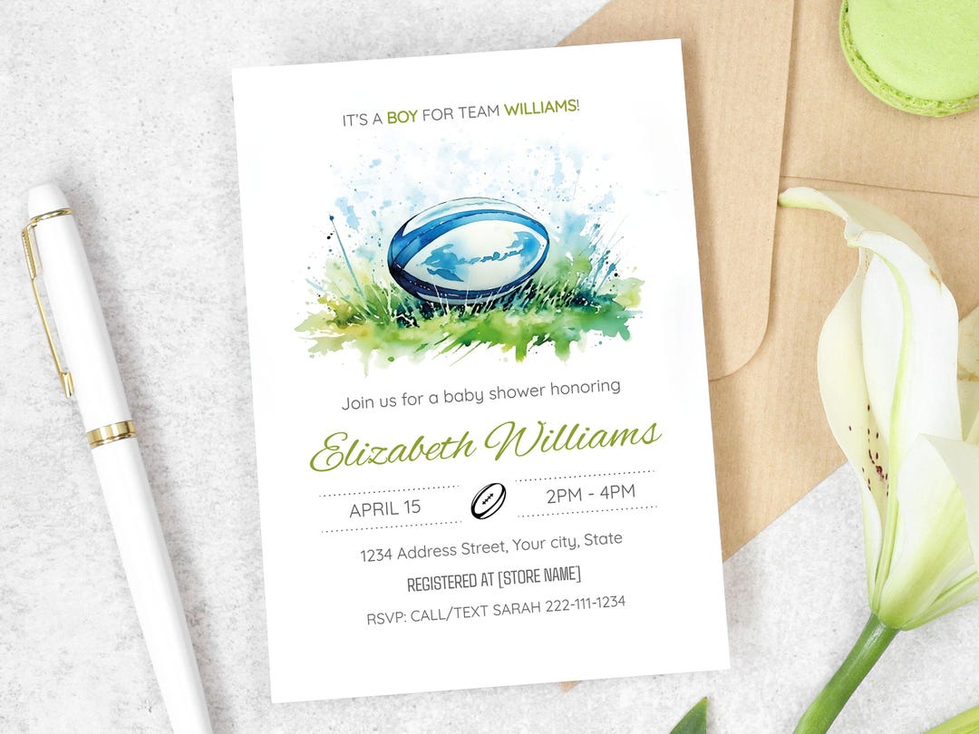 Editable Rugby Baby Shower Invitation Template, Elegant Watercolor ...
