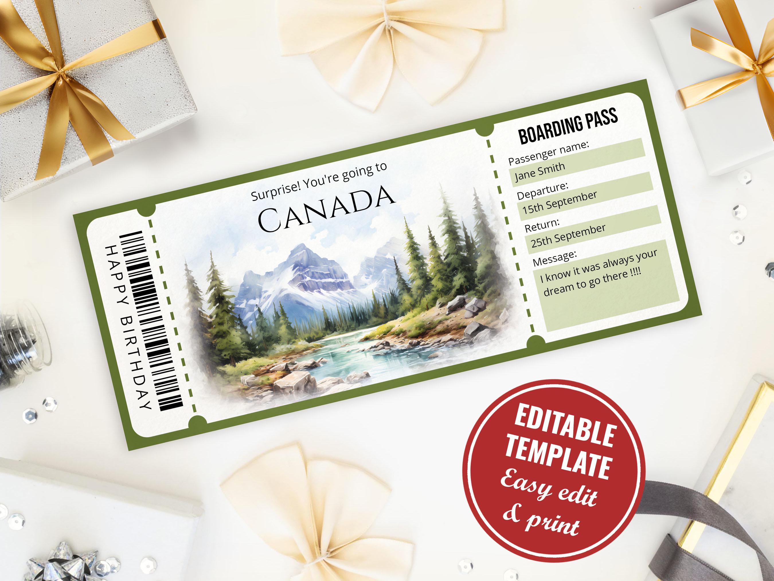 Editable Canada Boarding Pass Template, Watercolor Surprise Canada Trip ...