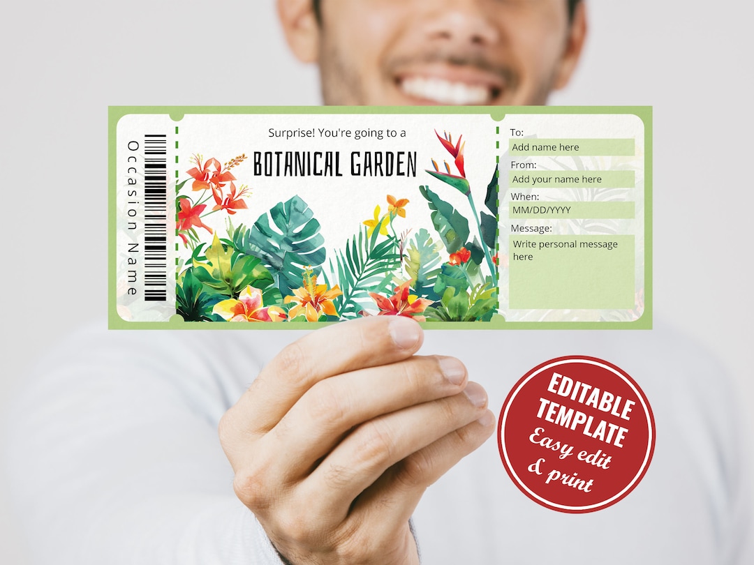 Editable Botanical Garden Ticket Gift Certificate Template, Surprise Printable Tropical Garden ...