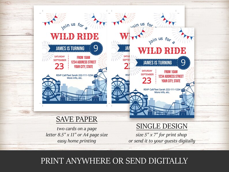 Amusement Park Birthday Invitation, Editable Carnival Theme Birthday ...