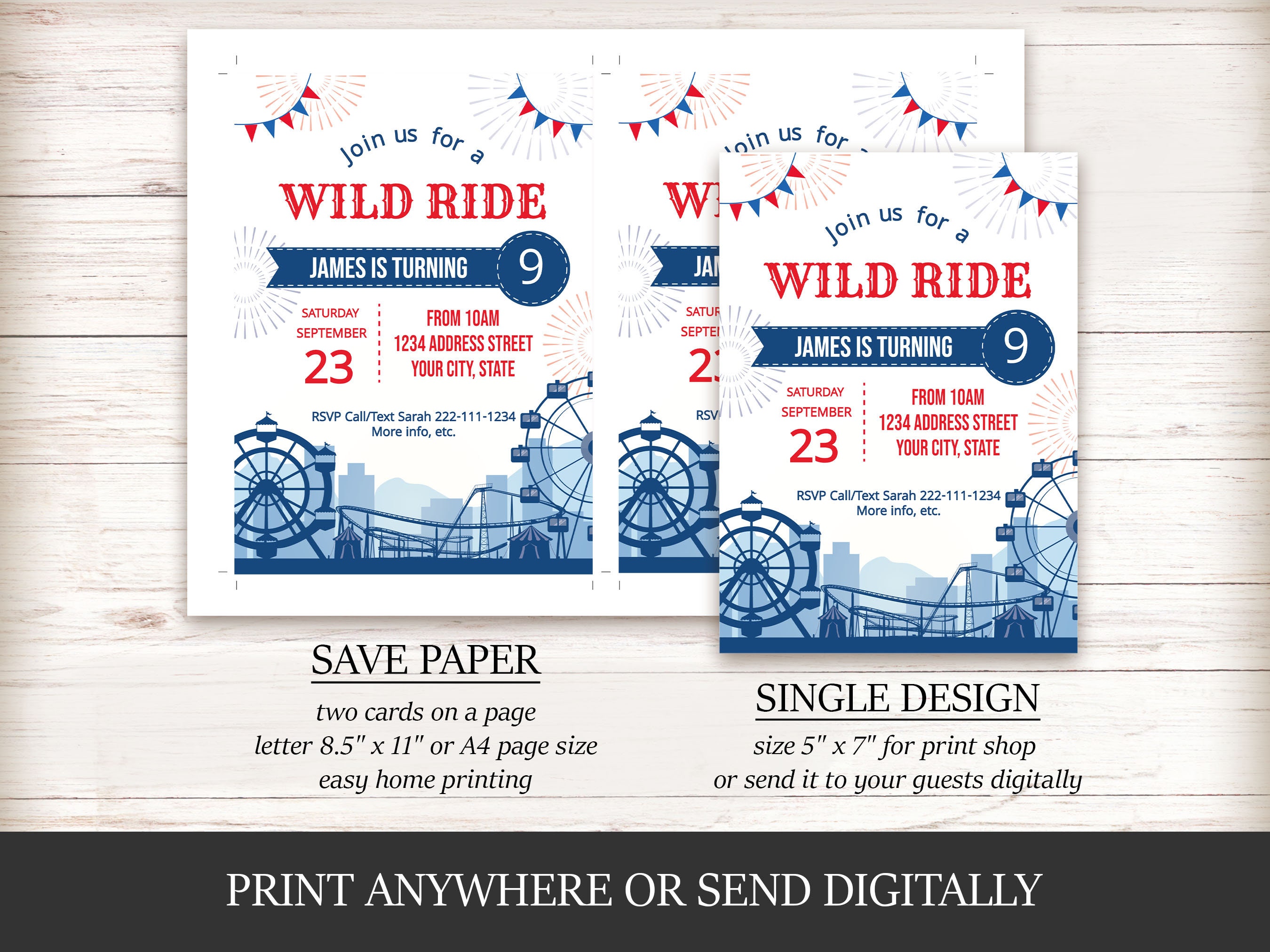 Amusement Park Birthday Invitation, Editable Carnival Theme Birthday ...