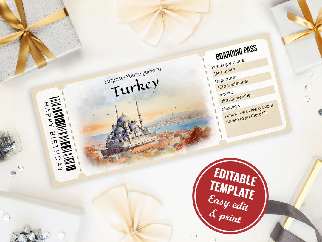 Editable Turkey Boarding Pass Template, Watercolor Surprise Turkey Trip ...