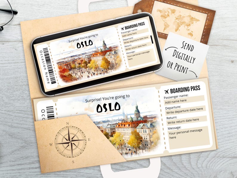 Editable Oslo Boarding Pass Template, Surprise Watercolor Oslo Norway ...