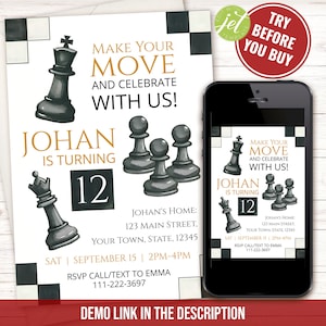 Editable Chess Birthday Invitation Template for Chess Lover, Chess ...