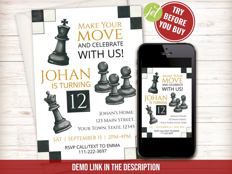 Editable Chess Birthday Invitation Template for Chess Lover, Chess ...