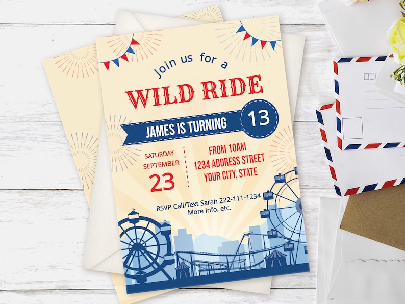 Amusement Park Birthday Party Invitation Template, Editable Birthday ...