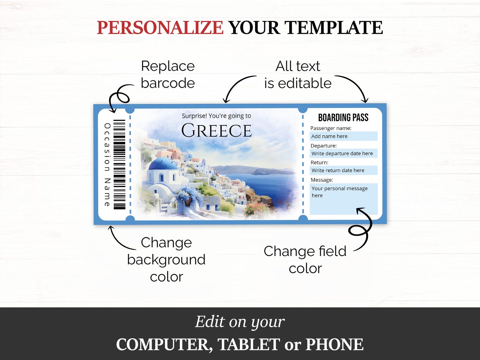 Editable Greece Boarding Pass Template, Watercolor Surprise Greece Trip ...