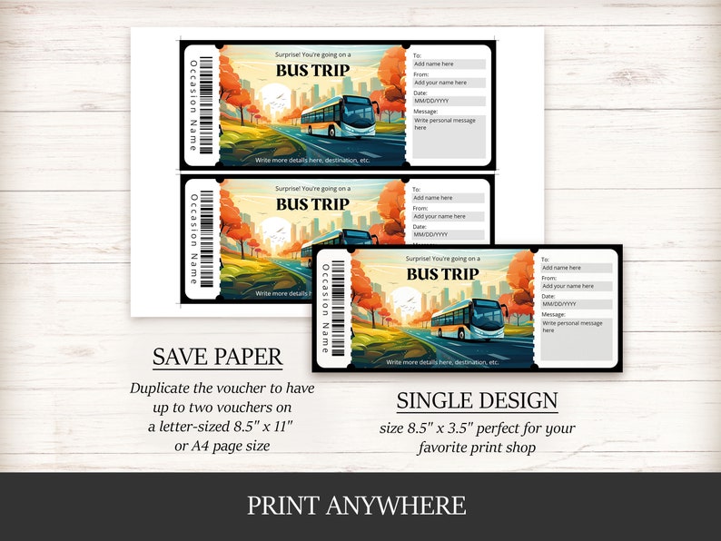 Editable Bus Ticket Template, Coach Ticket Surprise Gift Voucher Reveal ...