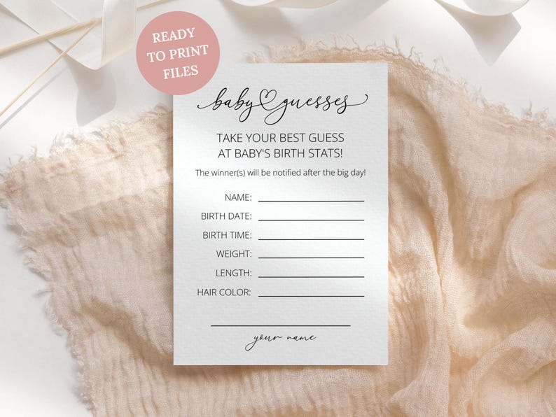 Simple Baby Prediction Card Baby Shower Game, Printable Minimalist Baby ...