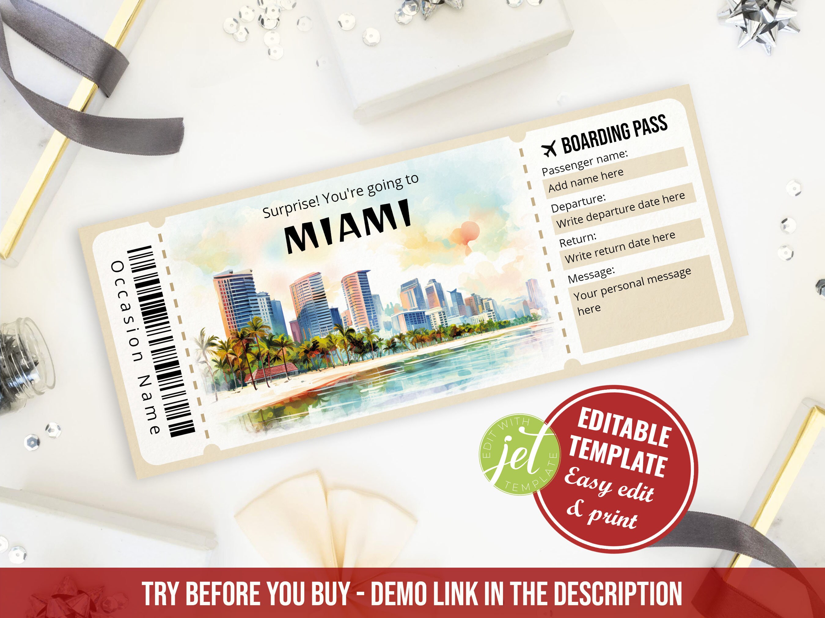 Editable Miami Boarding Pass Template, Personalized Gift, Printable ...