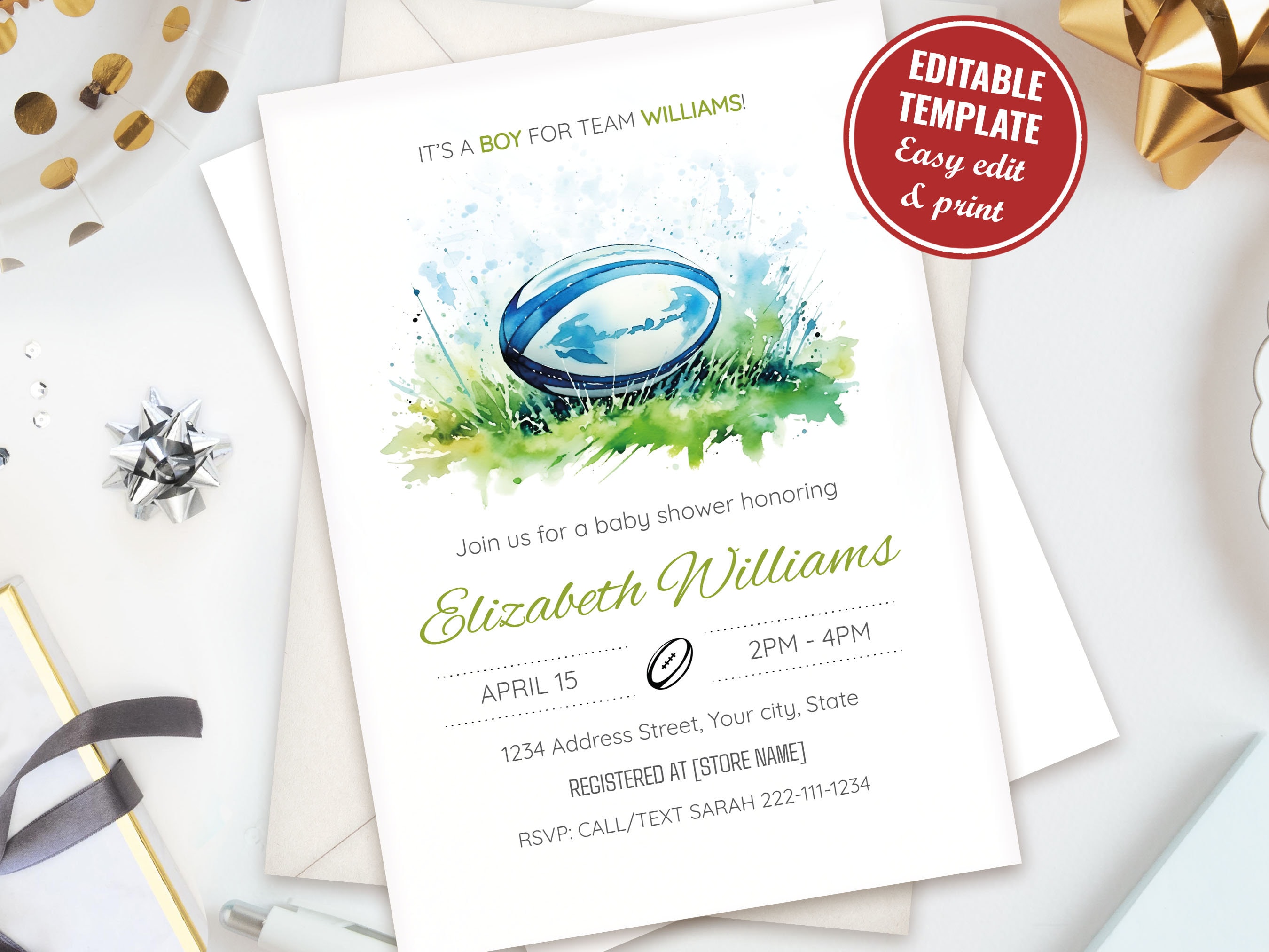 Editable Rugby Baby Shower Invitation Template, Elegant Watercolor ...