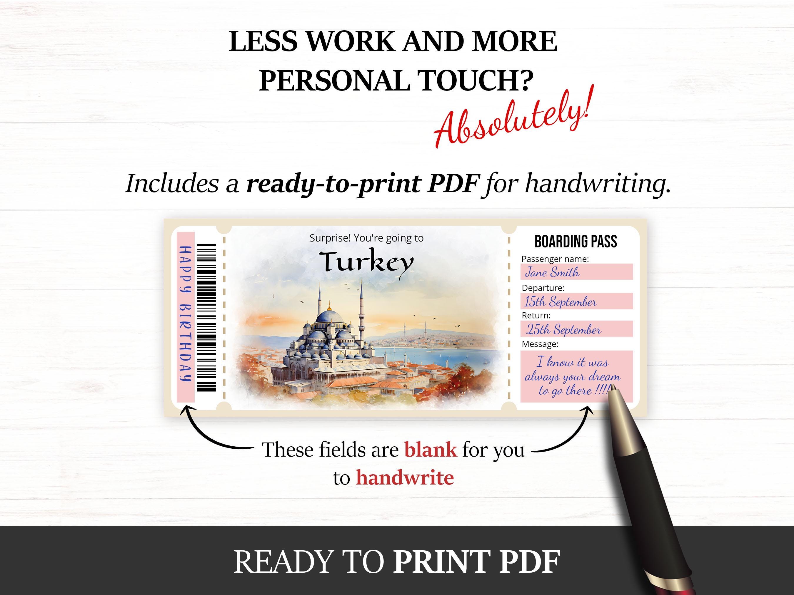 Editable Turkey Boarding Pass Template, Watercolor Surprise Turkey Trip ...