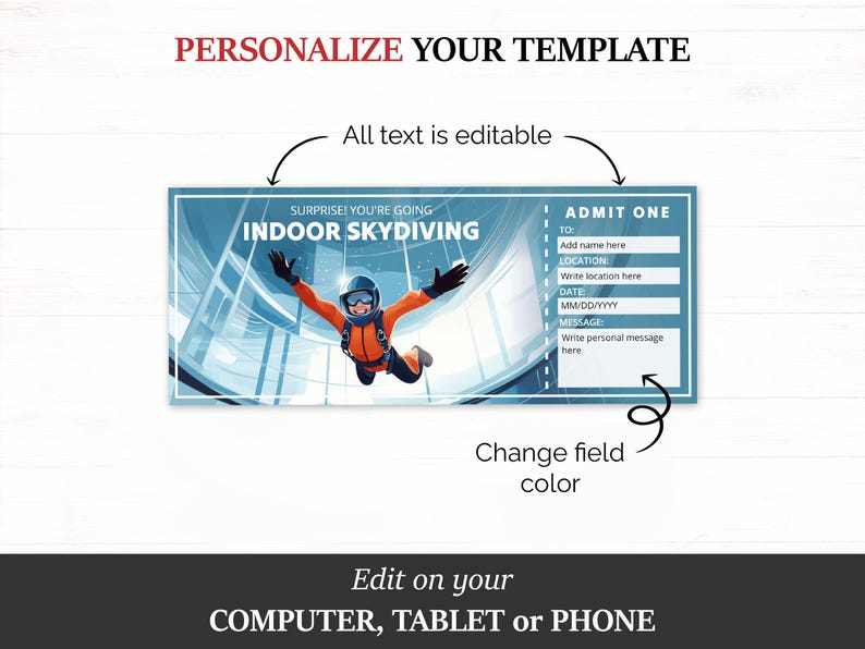 Editable Indoor Skydiving Gift Certificate Template, Printable Indoor ...