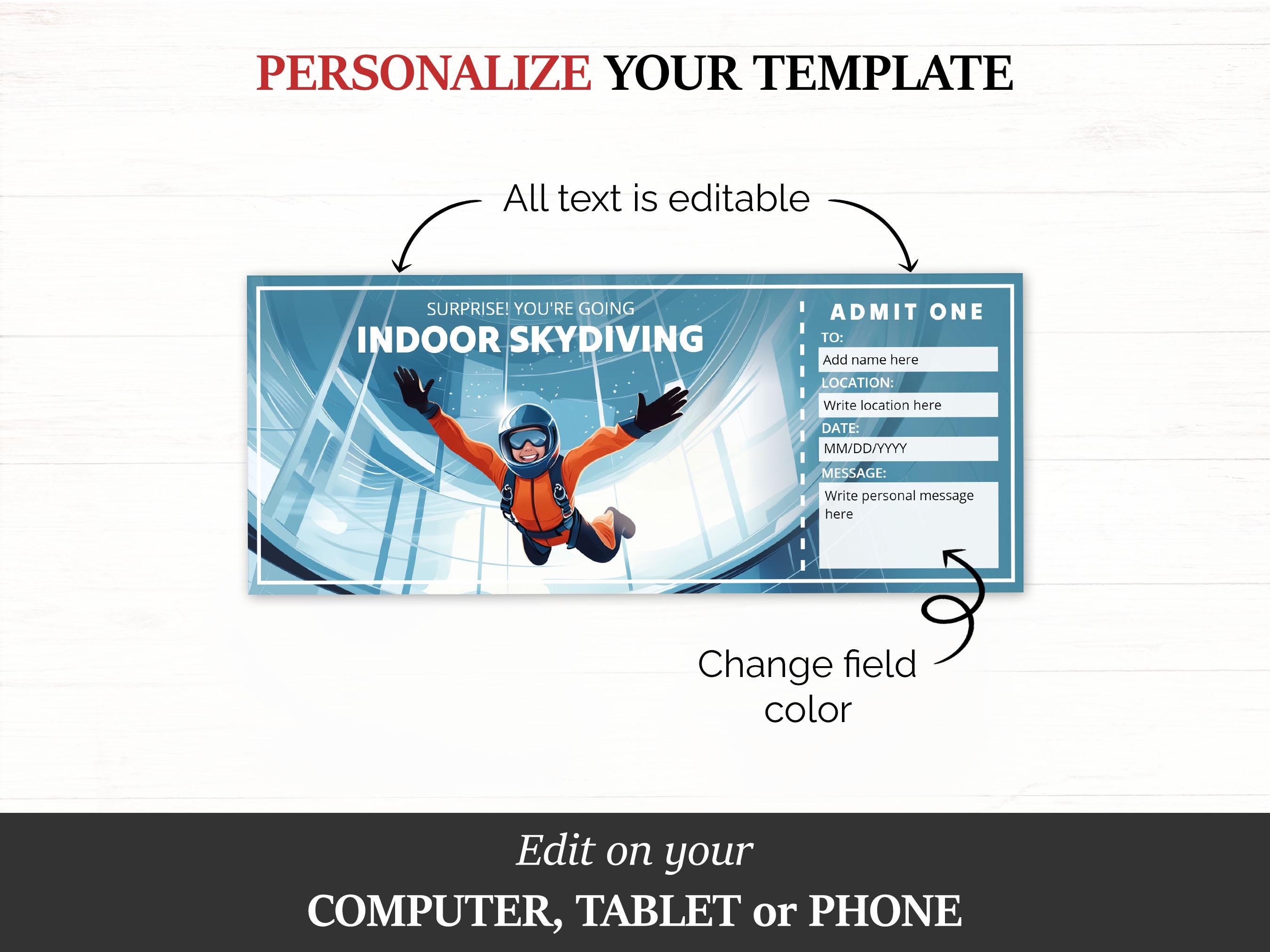Editable Indoor Skydiving Gift Certificate Template, Printable Indoor ...