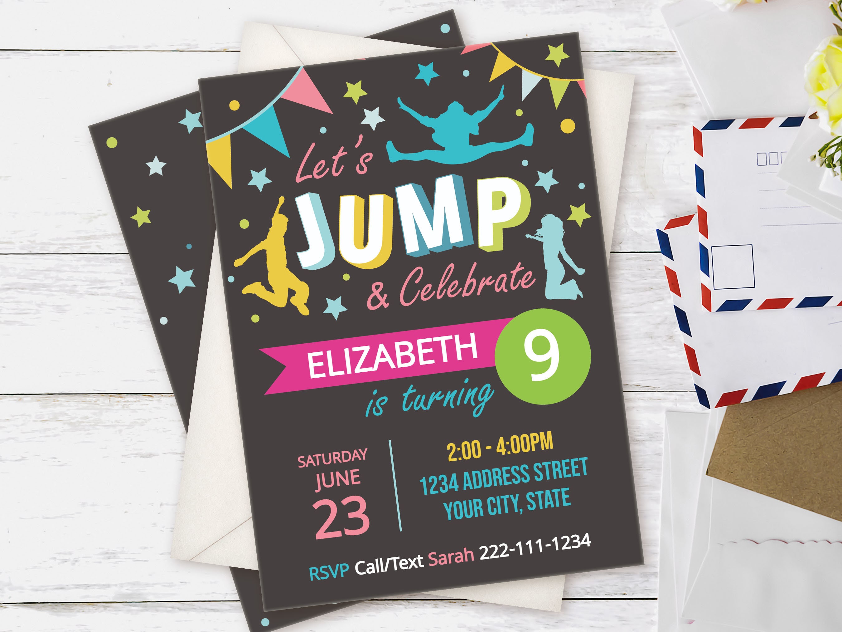 Black Trampoline Jump Park Birthday Party Invitation for Girls and Boys ...